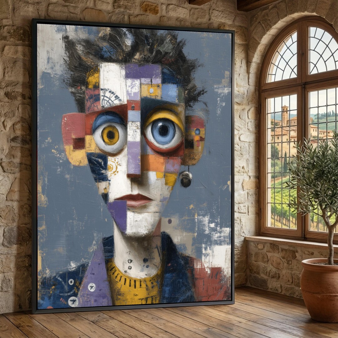 Surreal Abstract Face Canvas Wall Art, Modern Geometric Portrait ...