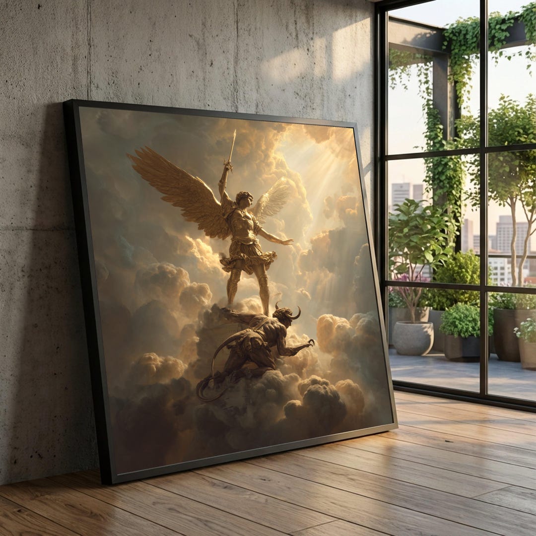 Archangel Michael Defeating Satan Canvas, Angelic Battle Scene Wall Art ...
