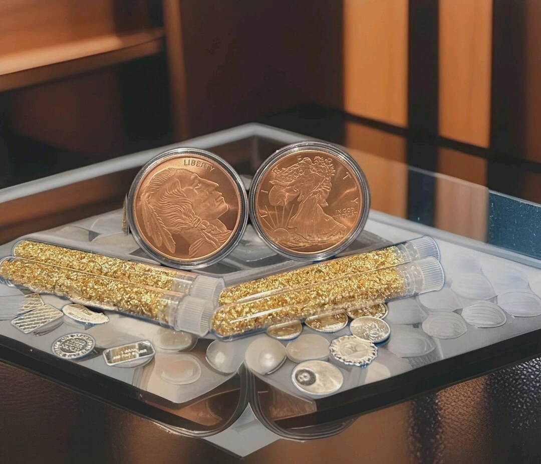 10 Silver Bullion Rounds Bars + 5 Gold Flakes Vials + 2 Oz Copper ...