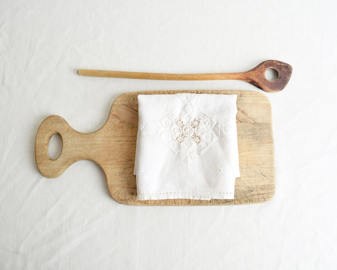 Antique Wood Cutting Board, Wood Spoon and Linen, Rustic Decor, Cottage ...