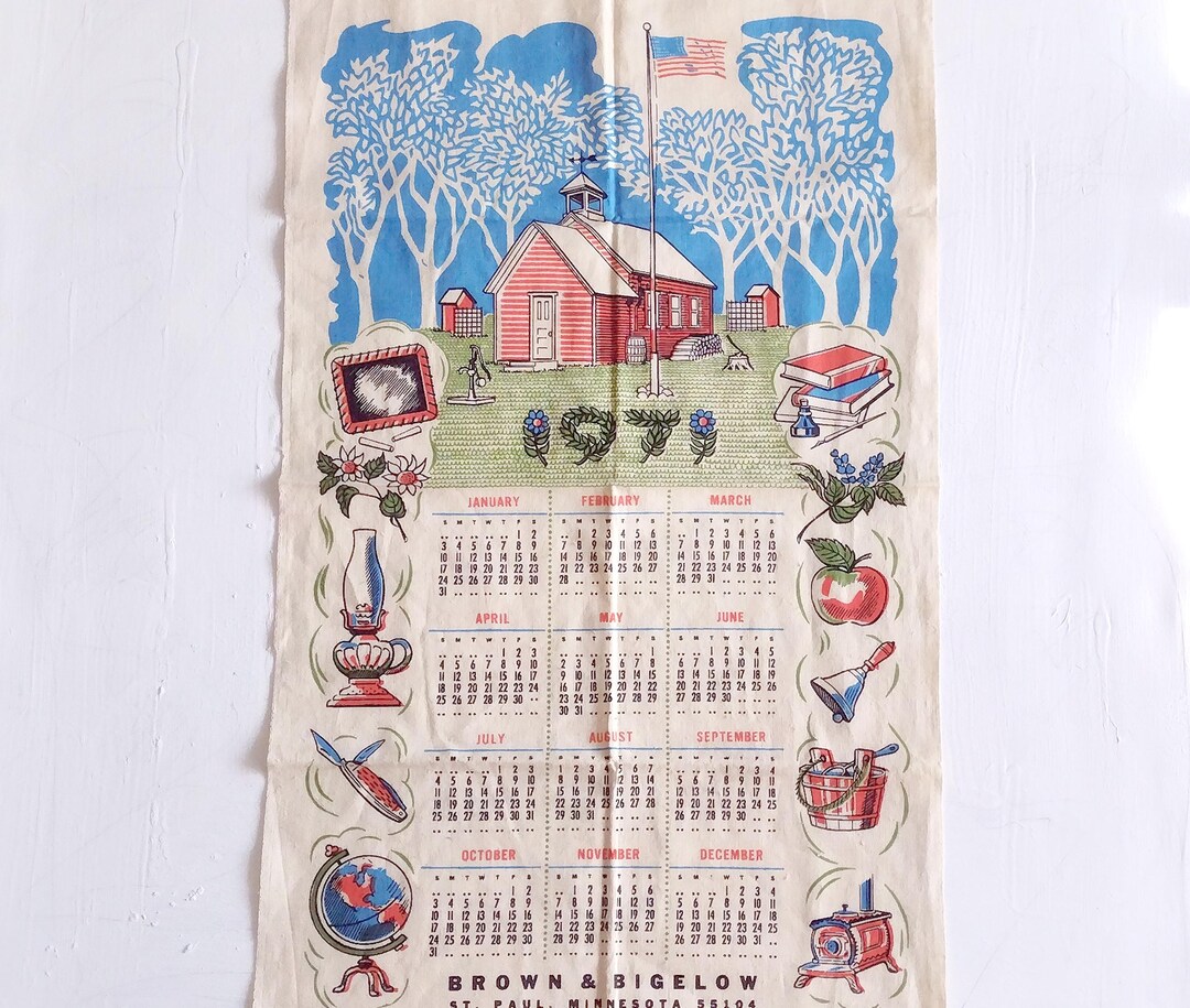 Vintage 1971 Cloth Tea Towel Calendar 70s Decor Collectible Red School ...