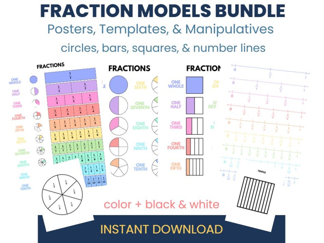 Fraction Visual Models Printable | Fraction Bars Circles Number Line ...