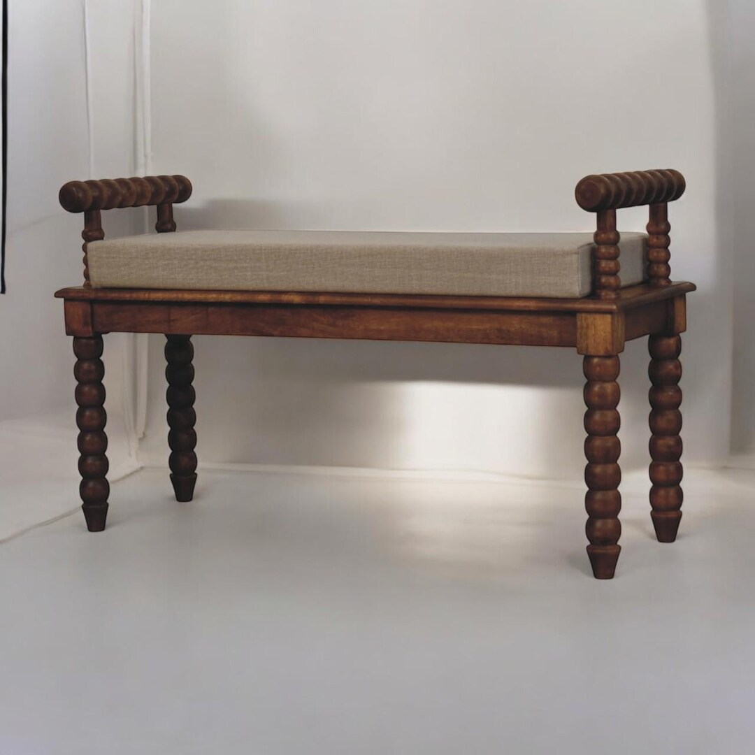 Spindle Amber Linen Entry Seat | Solid Mango Wood Upholstered Hallway ...