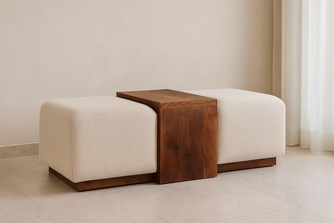 Arden Bench Duo – Bouclé Bench With Solid Wood Table, Sculptural ...