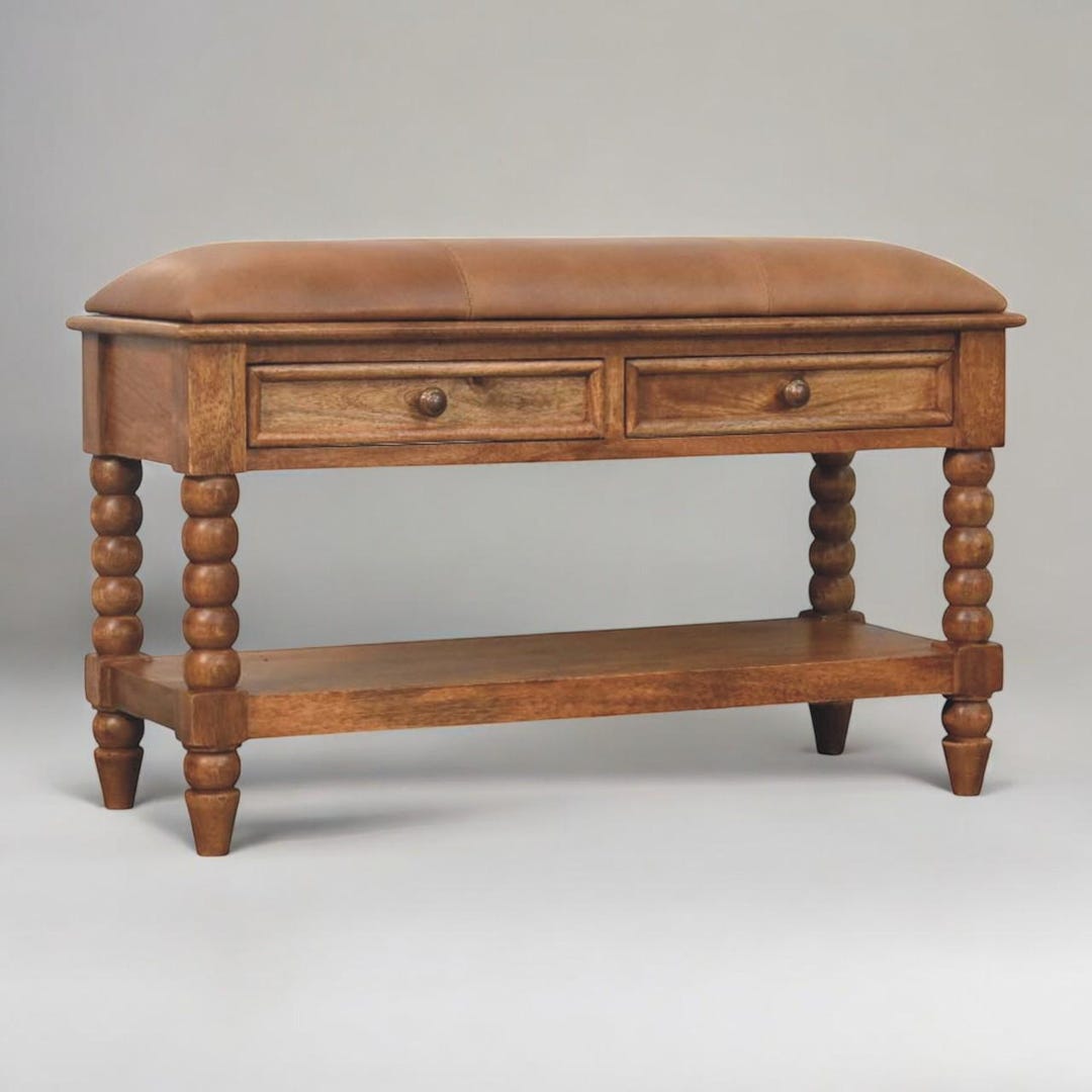 Spindle Leather Bench With Drawers | Solid Mango Wood Entryway ...