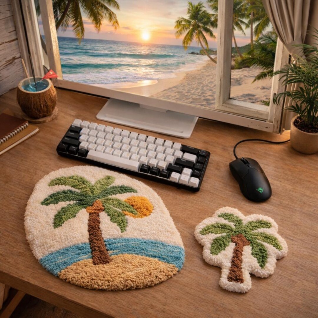 Tropical Palm Tree Punch Needle Desk Set | Handmade Summer Keyboard ...