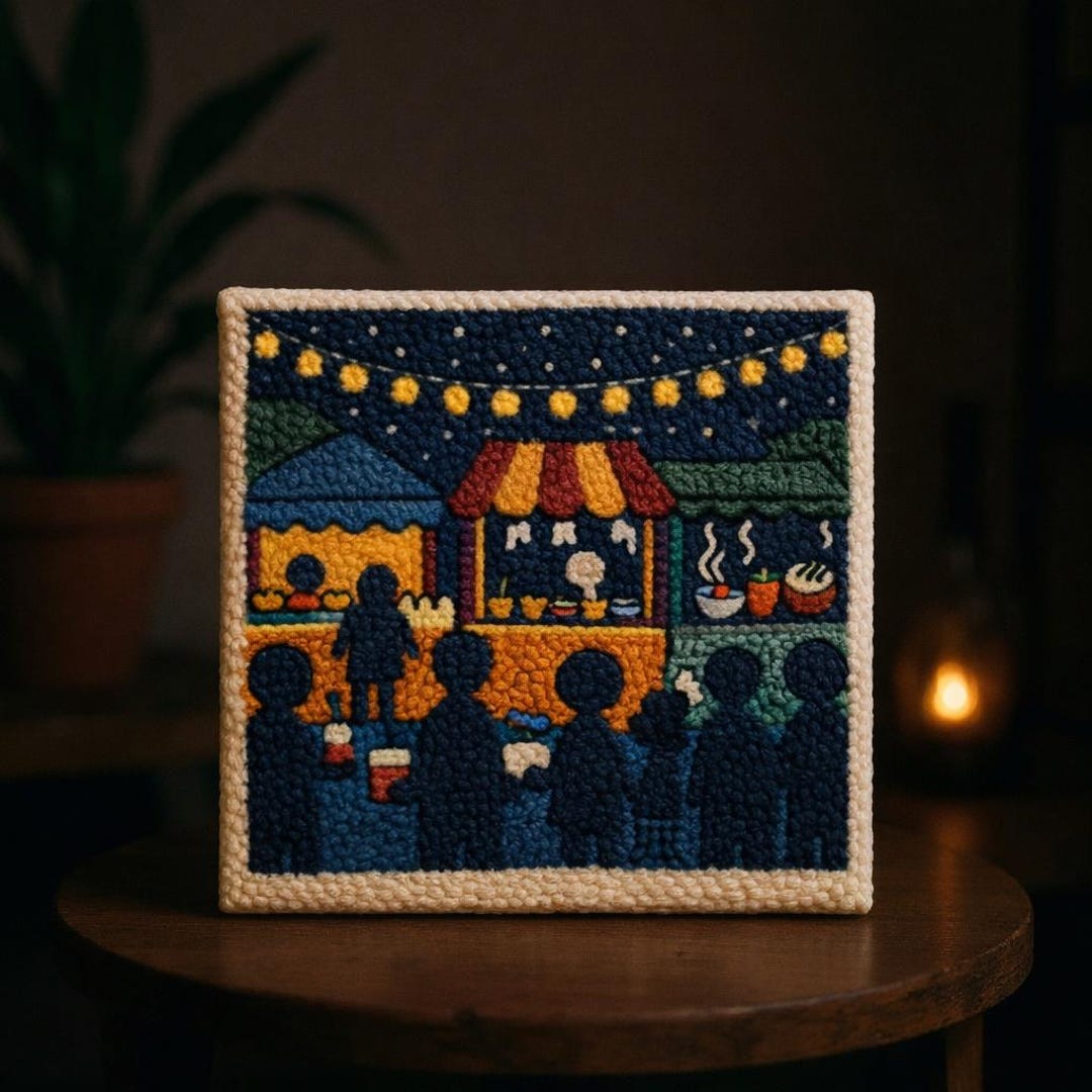 Whimsical Night Market Punch Needle Wall Art – Food Stalls & String ...
