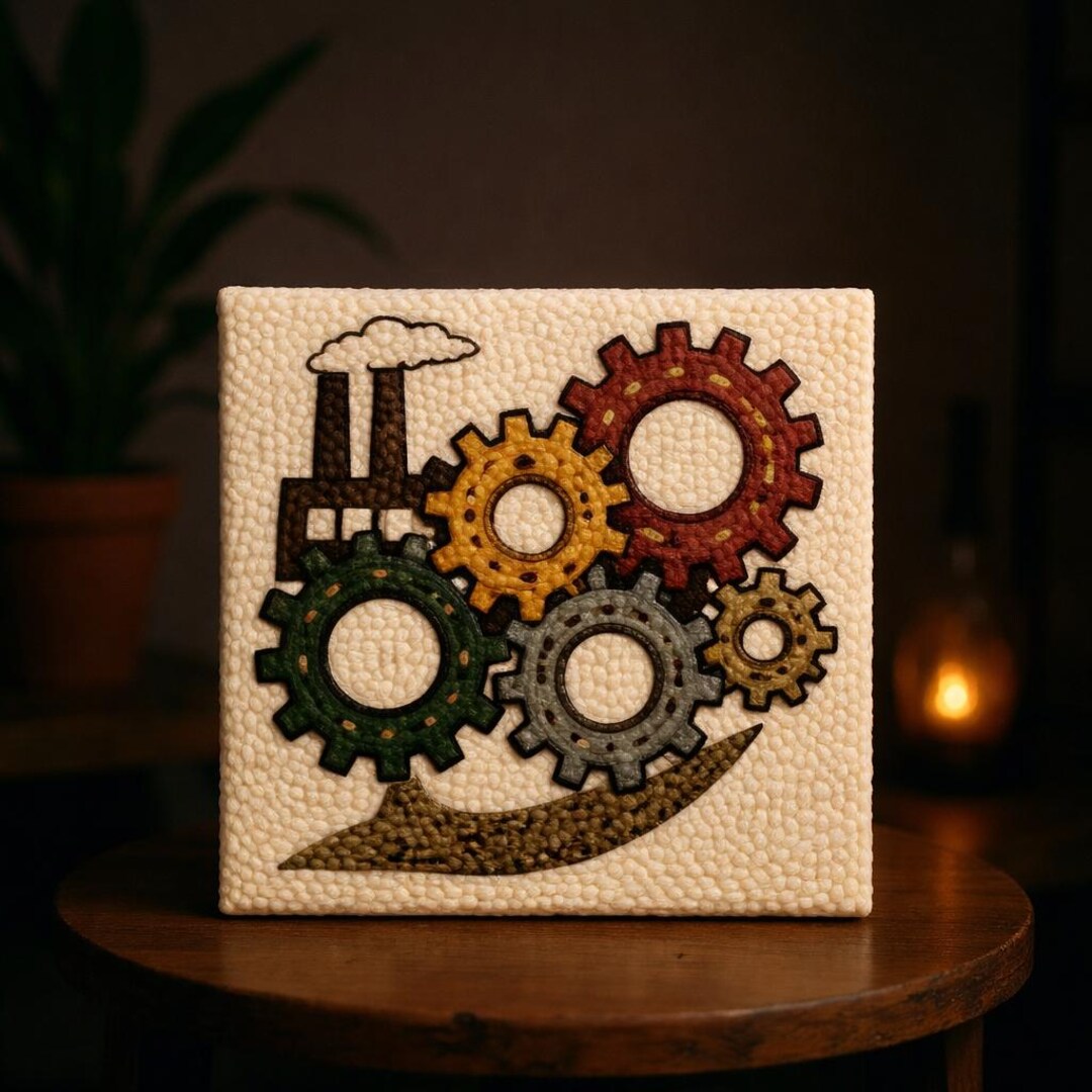 Interlinked Gears Punch Needle Textile – Abstract Industrial Landscape ...
