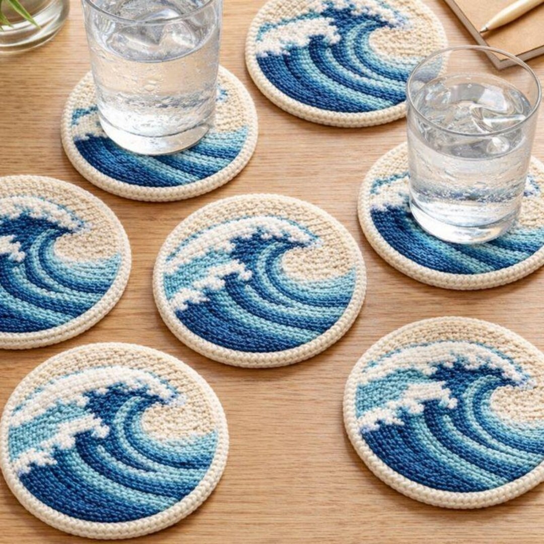 4 Pcs Ocean Wave Textured Coaster With Punch Needle Detail, Coastal ...