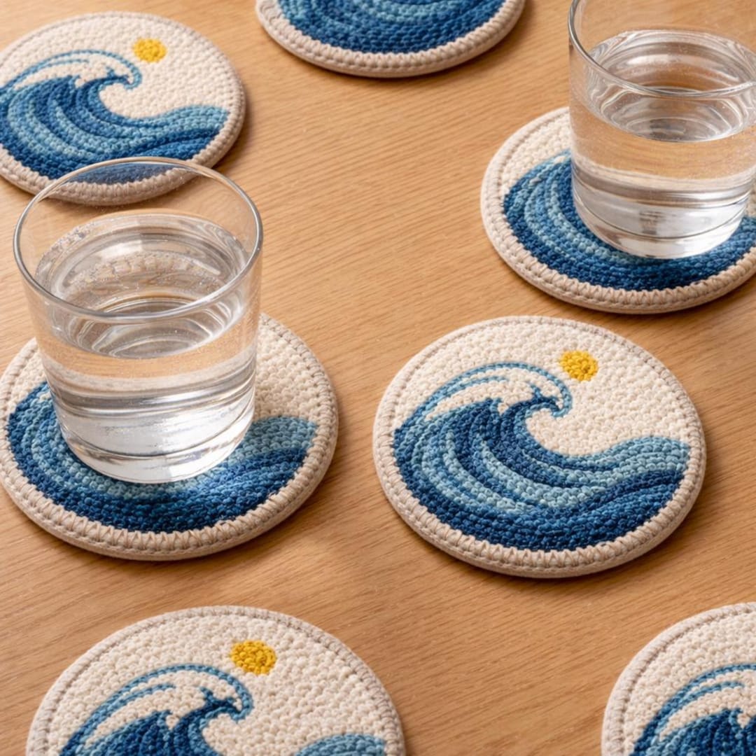 4 Pcs Ocean Wave Punch Needle Art Coaster – Blue Water Motif, Modern ...
