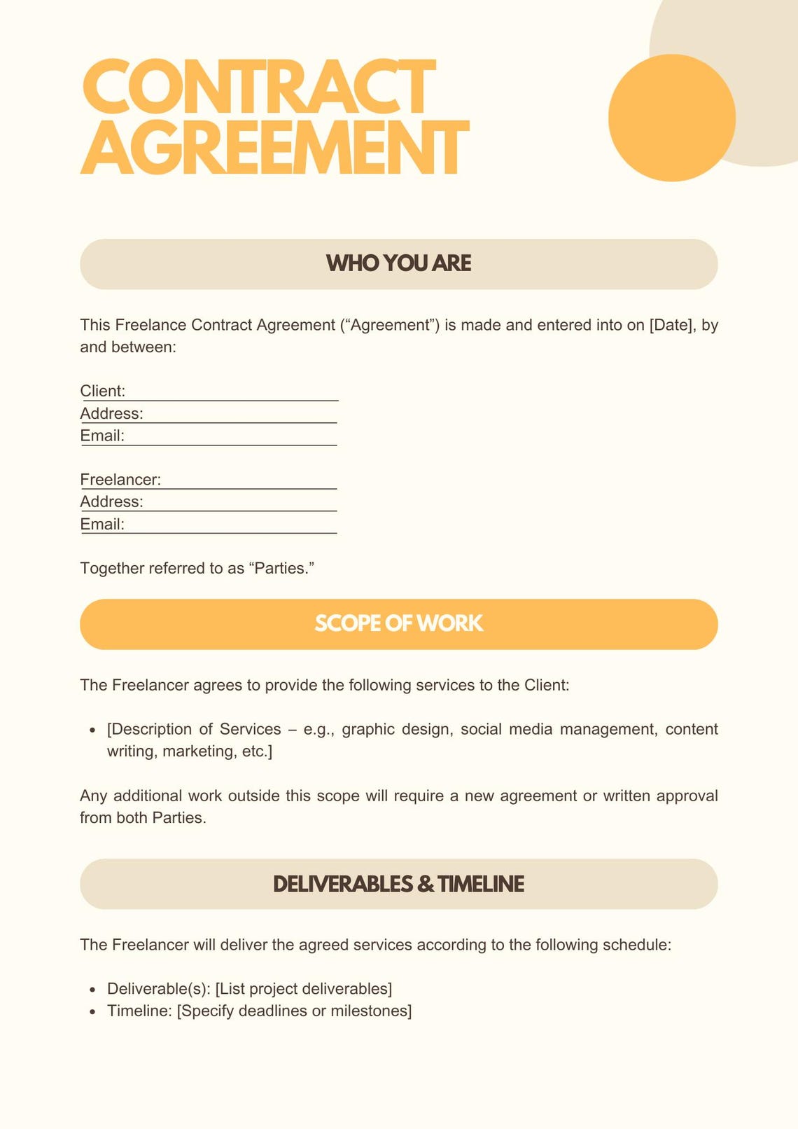 Freelance Contract Agreement Template | Editable Service Contract ...