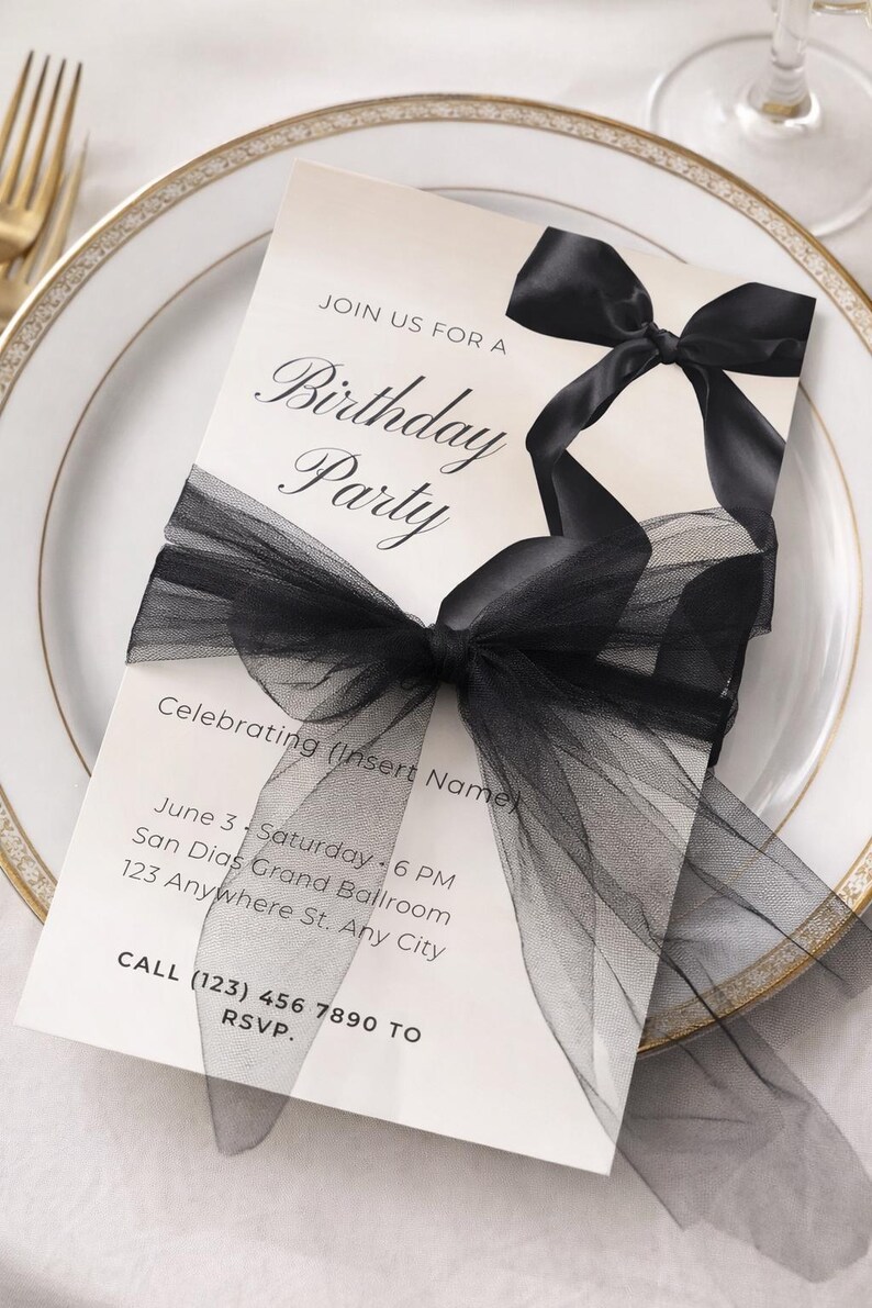 Editable Black Bow Birthday Invitation Template | Personalized Digital ...