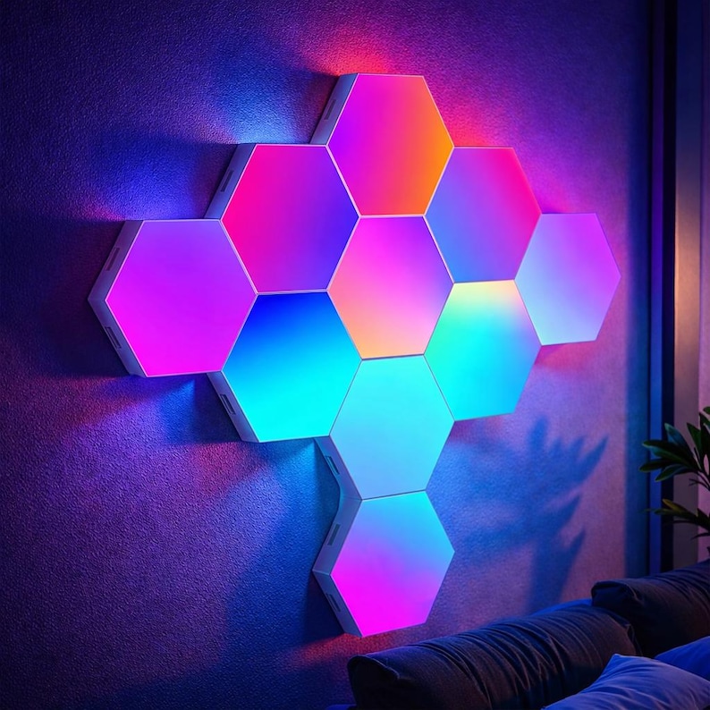 RGB Hexagon LED Wall Lights 8 Panels – Music Sync Gaming Room Decor ...