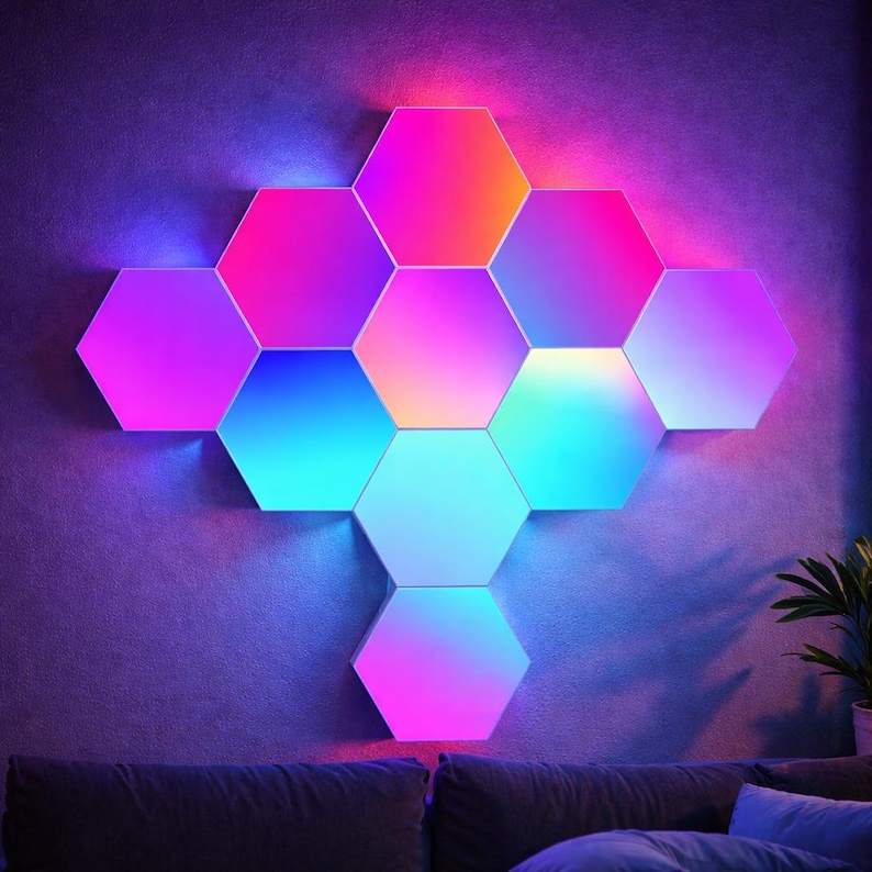 RGB Hexagon LED Wall Lights 8 Panels – Music Sync Gaming Room Decor ...