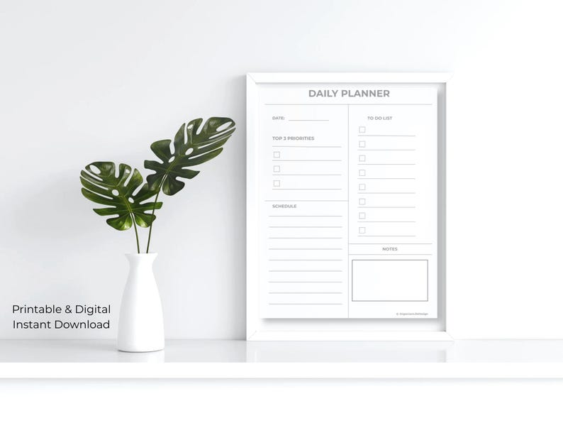Daily Planner Printable & Digital | One Page Minimal Planner | Instant ...