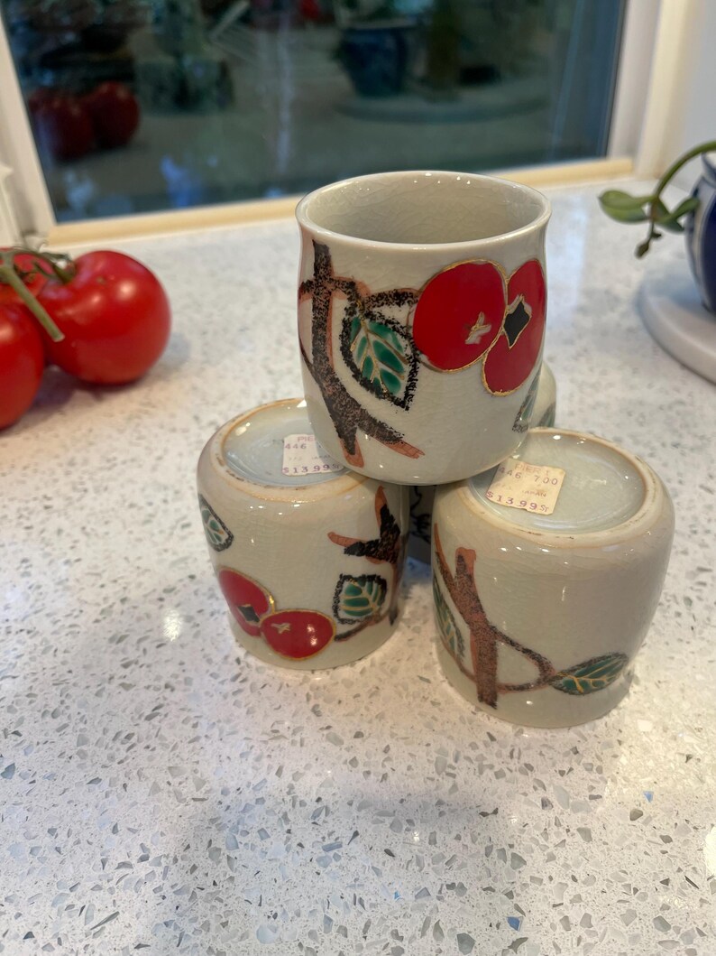 Vintage Japanese Persimmon Tea Cup Set of 4 - Hand Painted Crackle ...