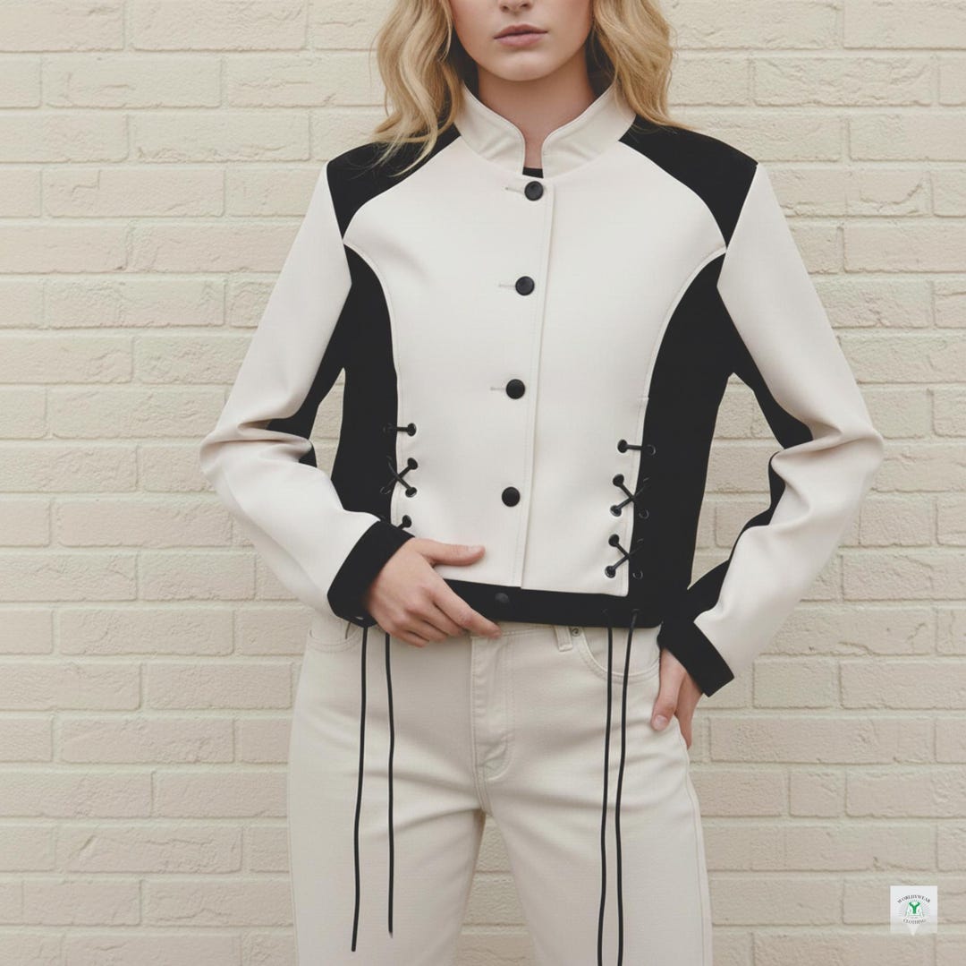 Black and White Lace up Jacket, Panel Blazer Coat, Cropped Outerwear ...