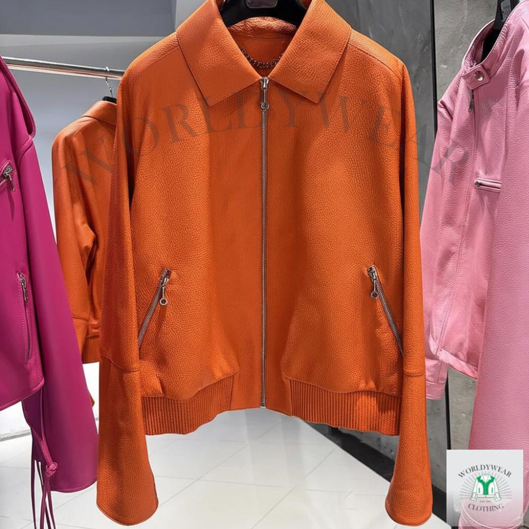 Women Orange Jacket, Female Leather Bomber, Bright Orange Warm Clothing ...