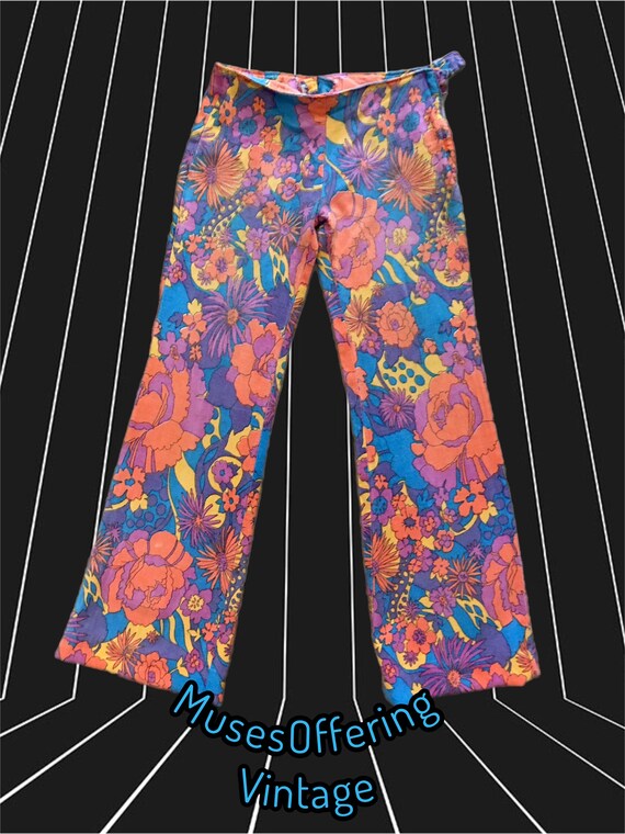 1960s Groovy Low Rise Pants Bright Psychedelic Patter… - Gem