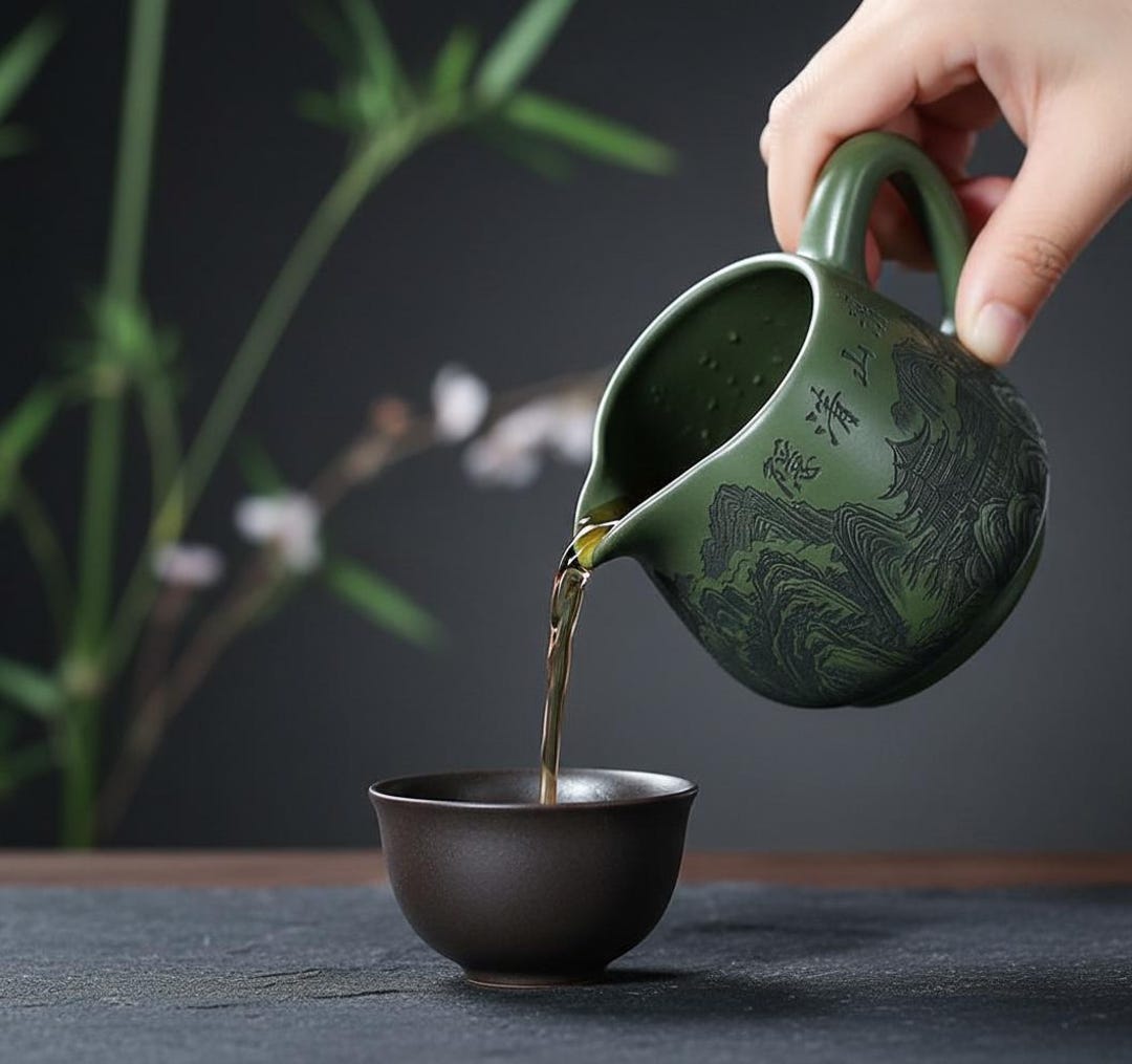 Green Ceramic Tea Pitcher, 300ml,chinese Landscape Gong Dao Bei ...