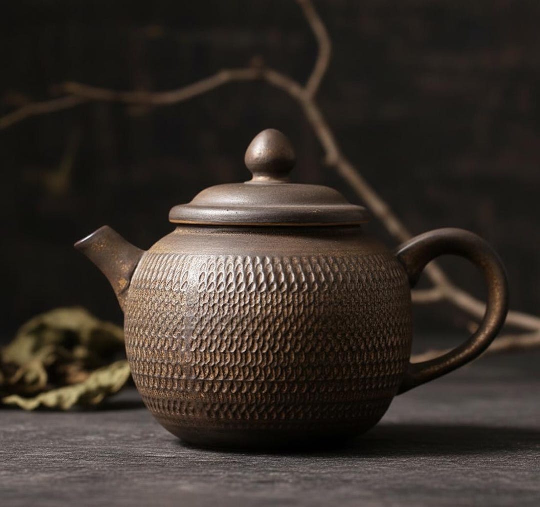 Textured Teapot With Antique Brass Finish - Rustic Stoneware Tea Pot ...