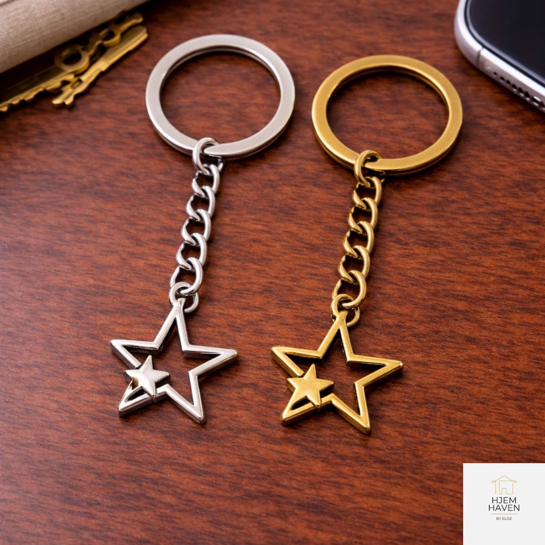 Star Keychain, Silver or Gold Metal Keyring, Double Star Charm ...