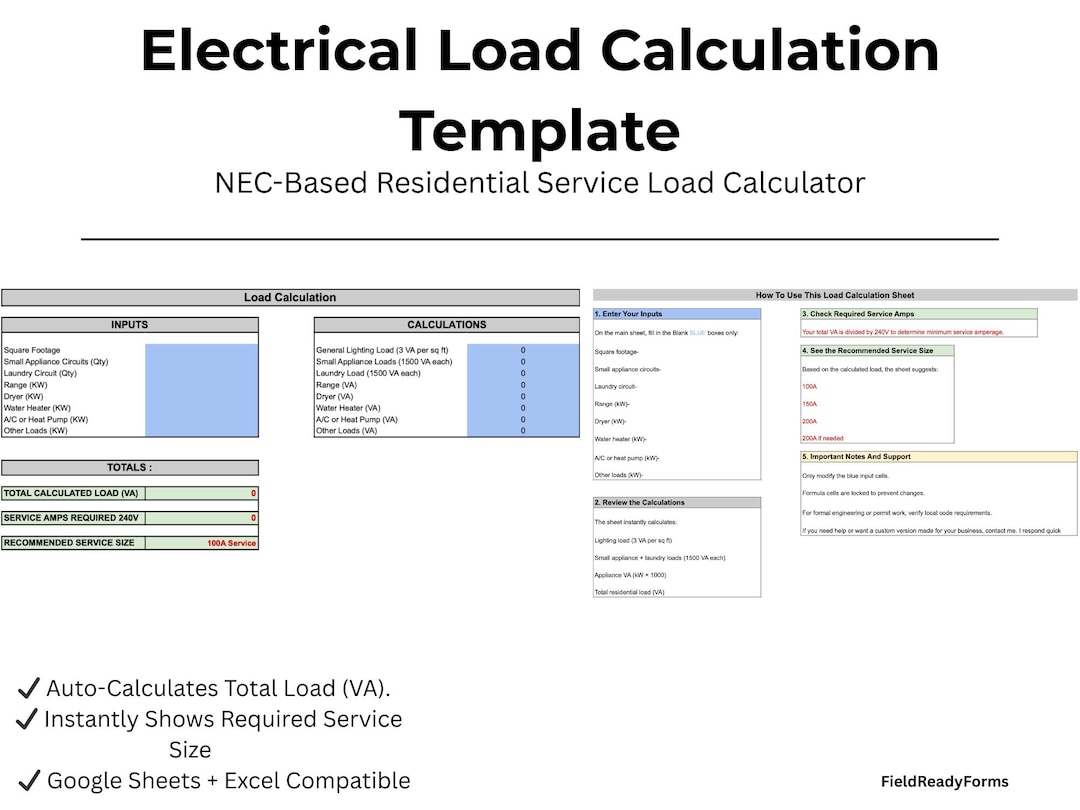 Electrical Load Calculation Template | Nec-based Residential Service ...