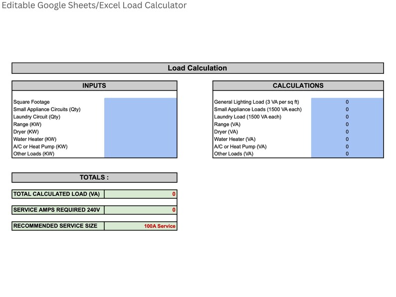 Electrical Load Calculation Template | Nec-based Residential Service ...