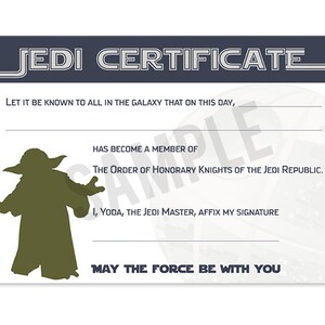INSTANT DOWNLOAD Star Wars Jedi Certificate (yoda, Star Wars Birthday ...