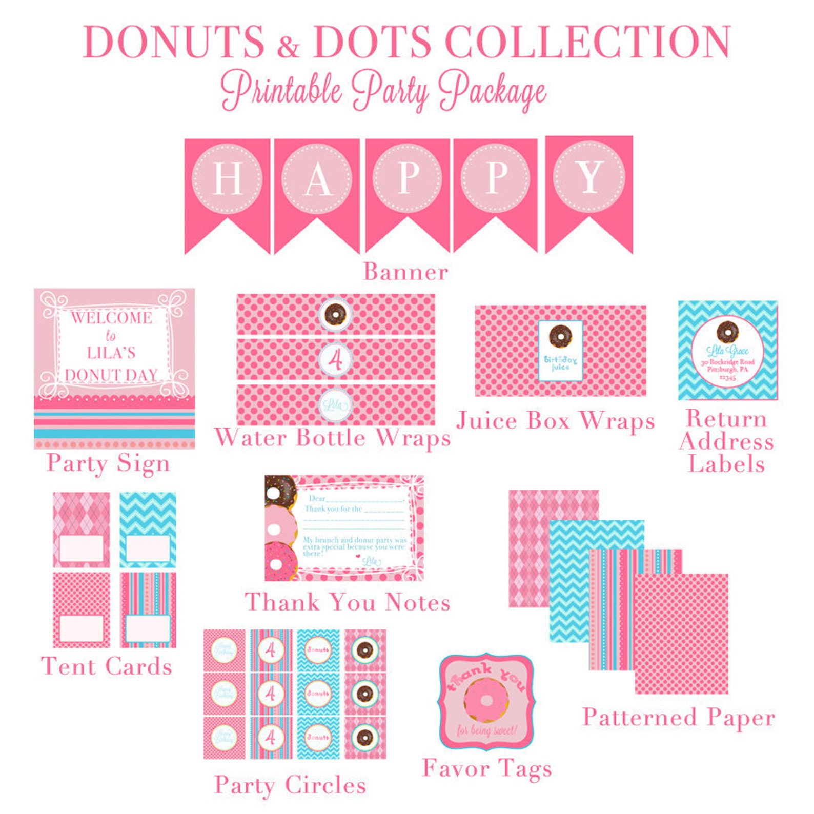 INSTANT DOWNLOAD, DONUTS & Dots, Printable Happy Birthday Banner party ...