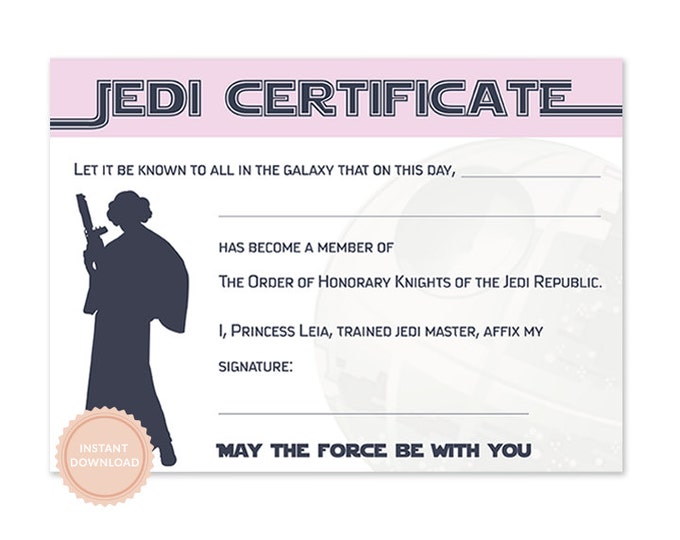 INSTANT DOWNLOAD Star Wars Jedi Certificate (princess Leia, Star Wars ...