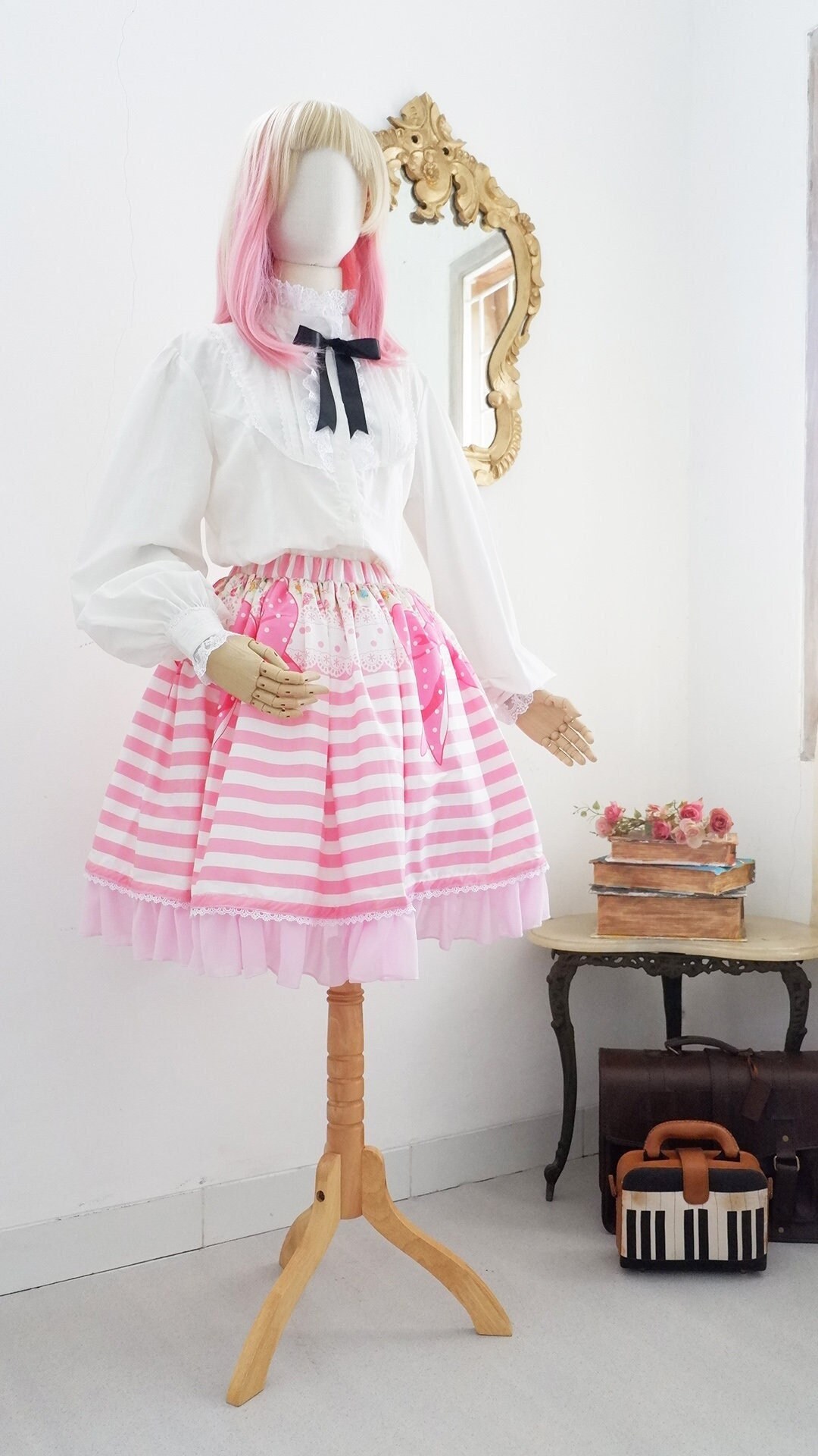 Pink Striped Puffy Lolita Skirt, Lollipop Pink Skirt, Chiffon Ruffle ...
