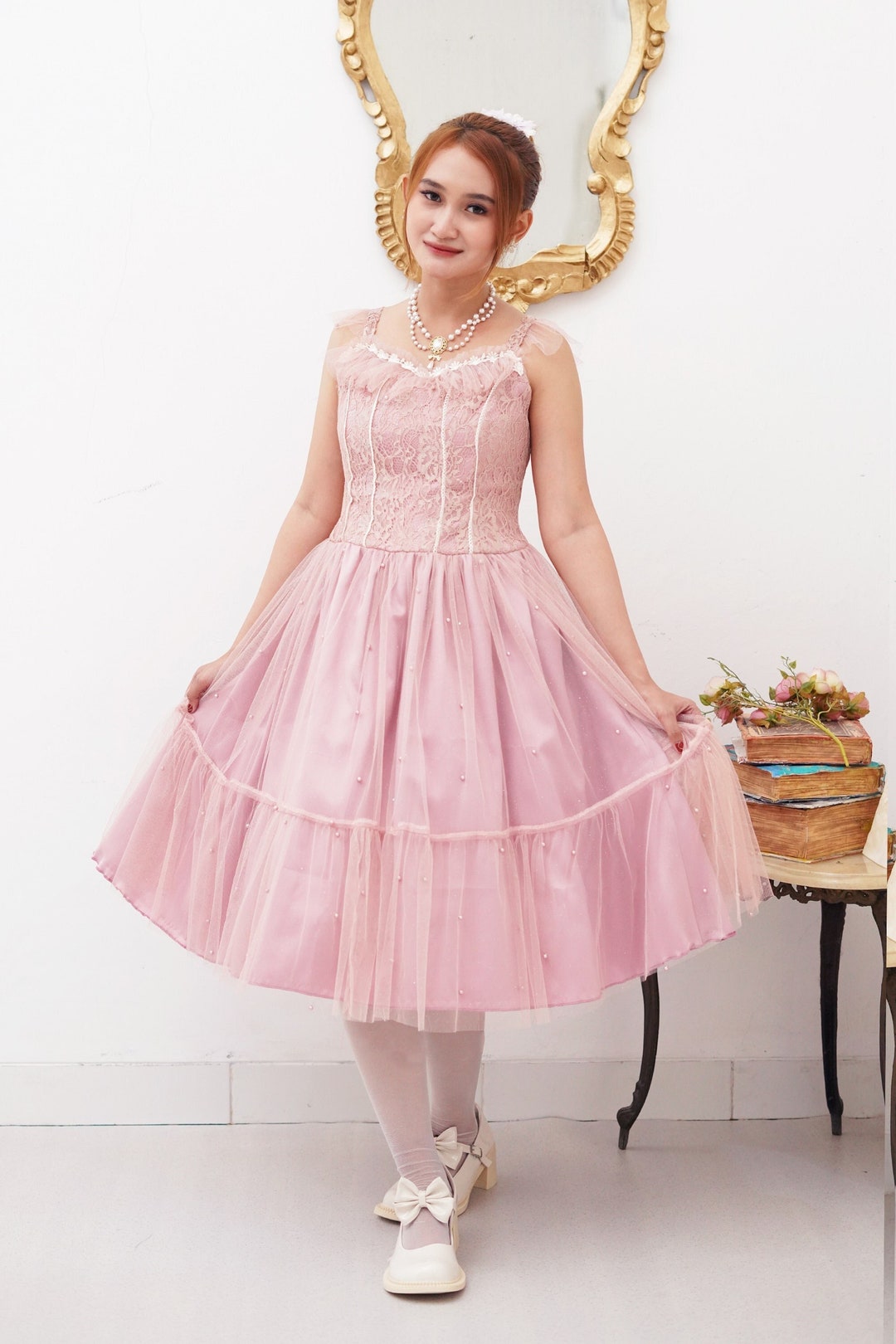 Elegant Vintage Pink Lace Party Dress, Victorian Inspired Midi Gown ...