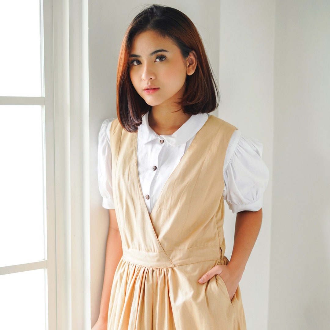 Deep V Neck Beige Linen Pinafore Dress, Women Jumper Dress, Comfort ...