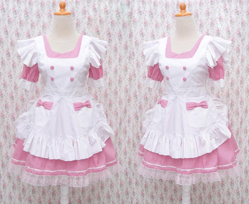 Kawaii Gingham Pink Maid Costume, Ruffle Lace Maidcore Dress - Etsy