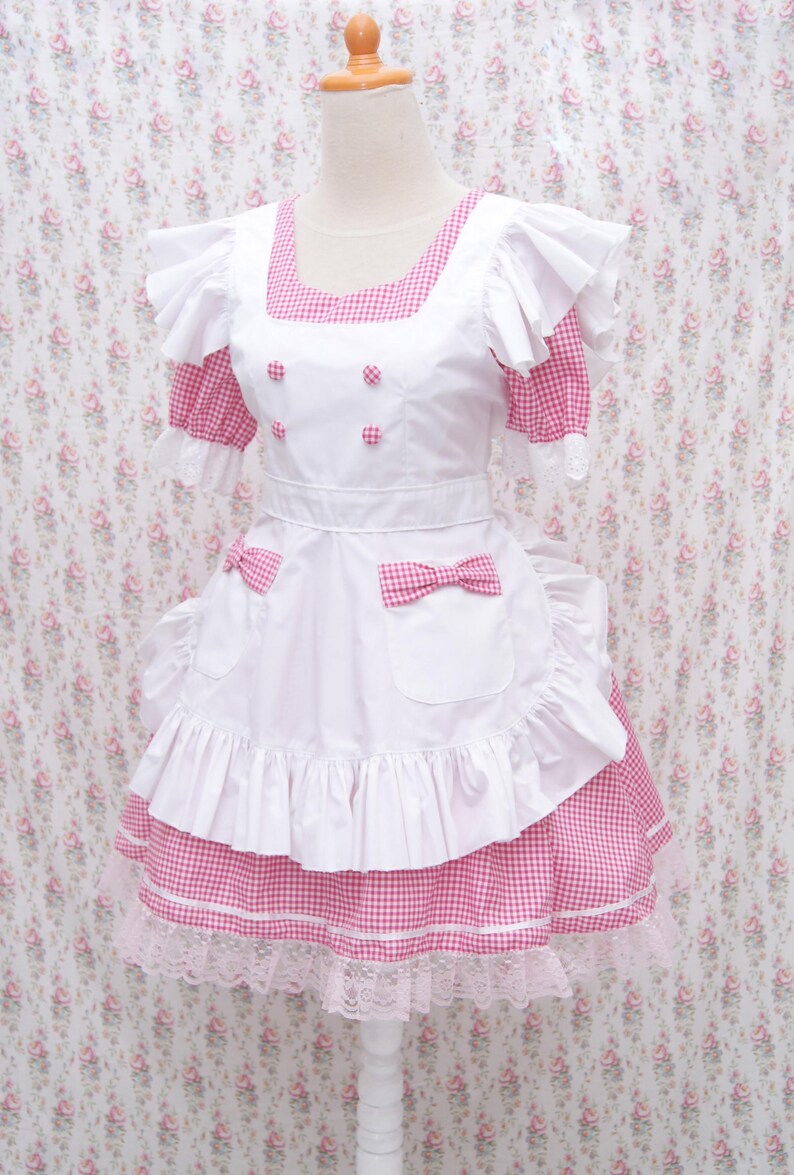 Kawaii Gingham Pink Maid Costume, Ruffle Lace Maidcore Dress - Etsy