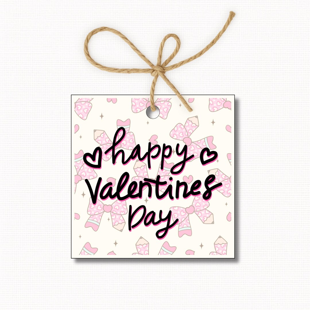 Happy Valentine's Day Gift Tag, Pink Bow Valentine Treat Tag, Cute ...