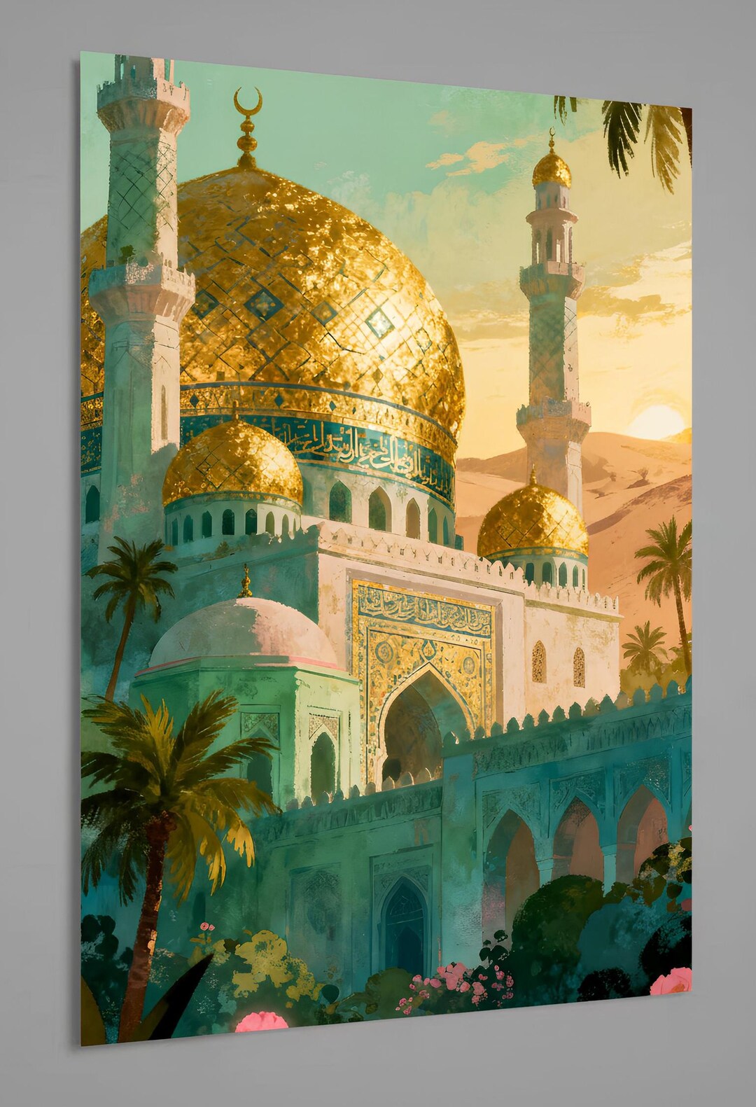Golden Oasis: Umayyad Style Mosque & Desert Garden Art Poster, Wall Art ...