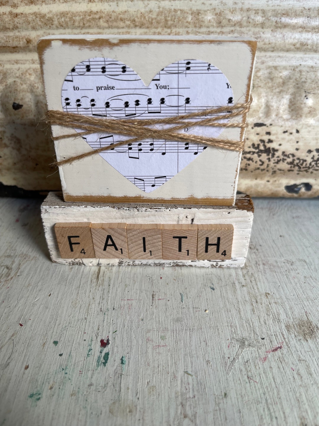 Wooden Scrabble Tile Faith Sign and Hymnal Heart Block Set, Everyday ...