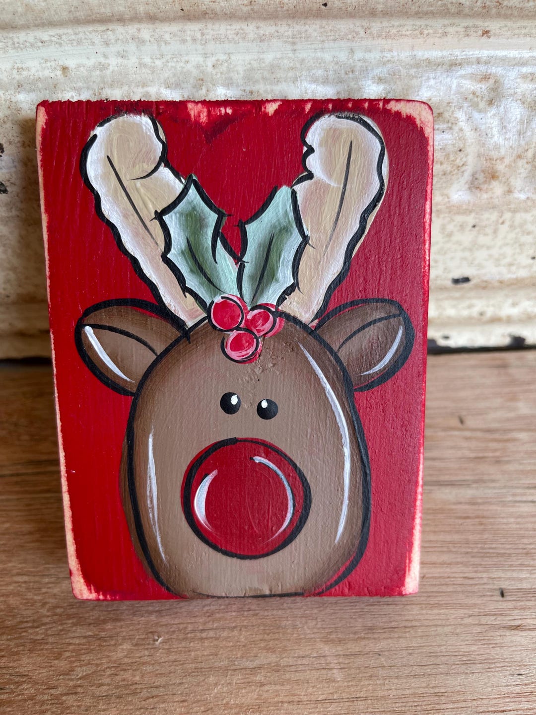 Hand Painted Rudolph Block, Wooden Rudolph Christmas Shelf Sitter ...