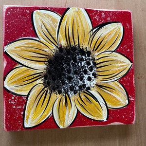 Hand Painted Sunflower Block, Wooden Sunflower Shelf Sitter, Red ...