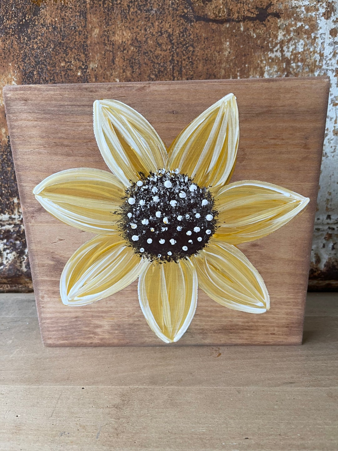 Wooden Sunflower Block, Hand Painted Sunflower Block, Sunflower Shelf ...
