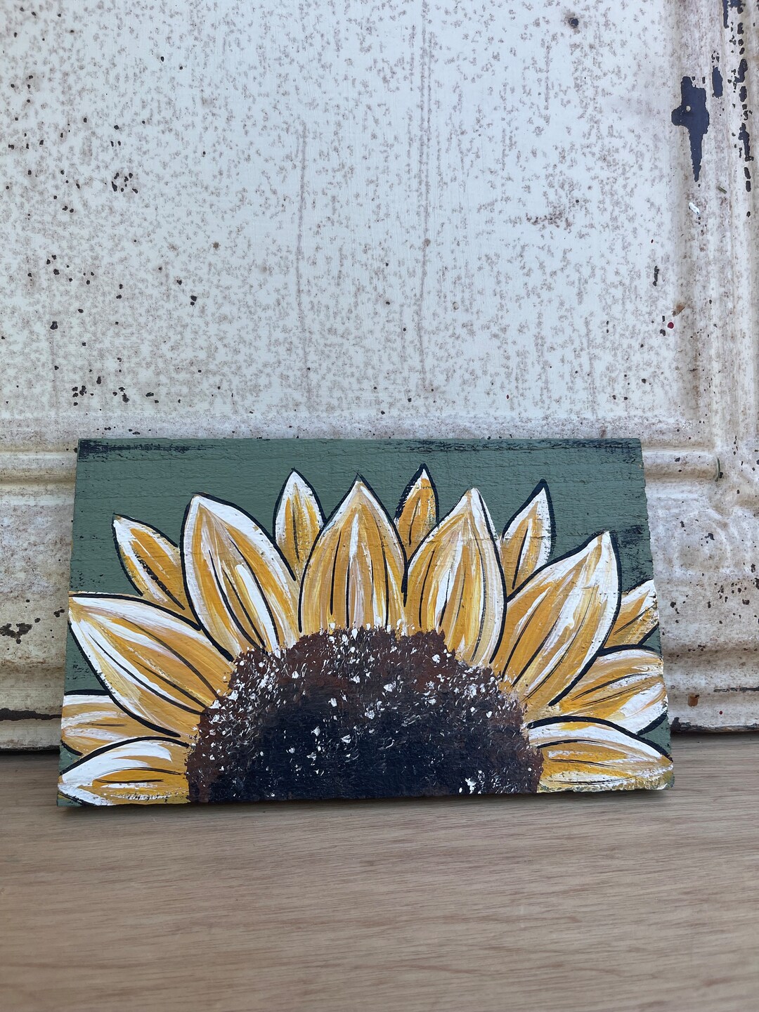 Wooden Sunflower Block, Hand Painted Sunflower Shelf Sitter, Whimsical ...