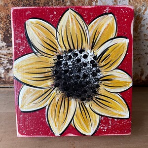 Hand Painted Sunflower Block, Wooden Sunflower Shelf Sitter, Red ...