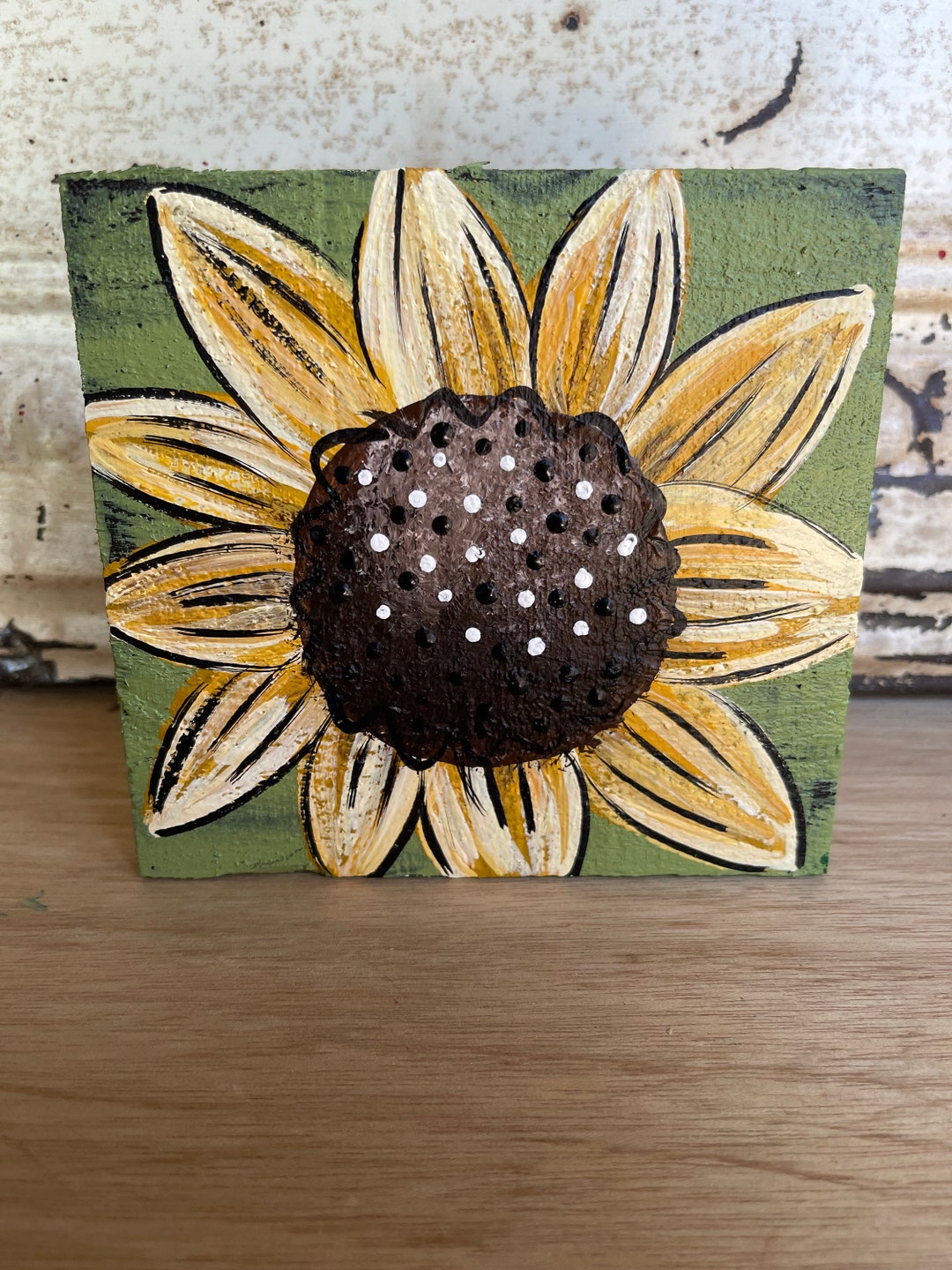 Wooden Sunflower Block, Hand Painted Sunflower Shelf Sitter, Whimsical ...
