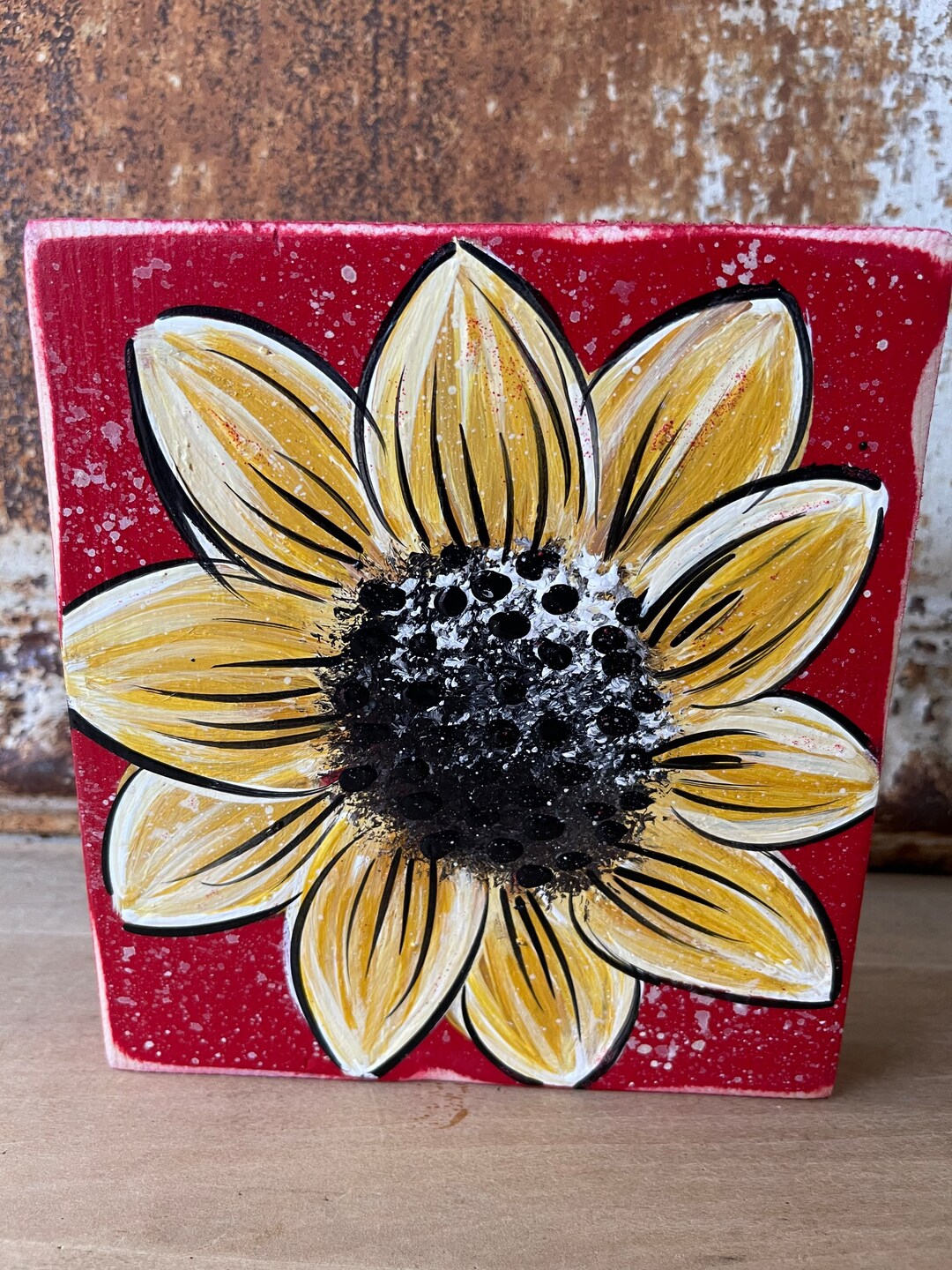 Hand Painted Sunflower Block, Wooden Sunflower Shelf Sitter, Red ...