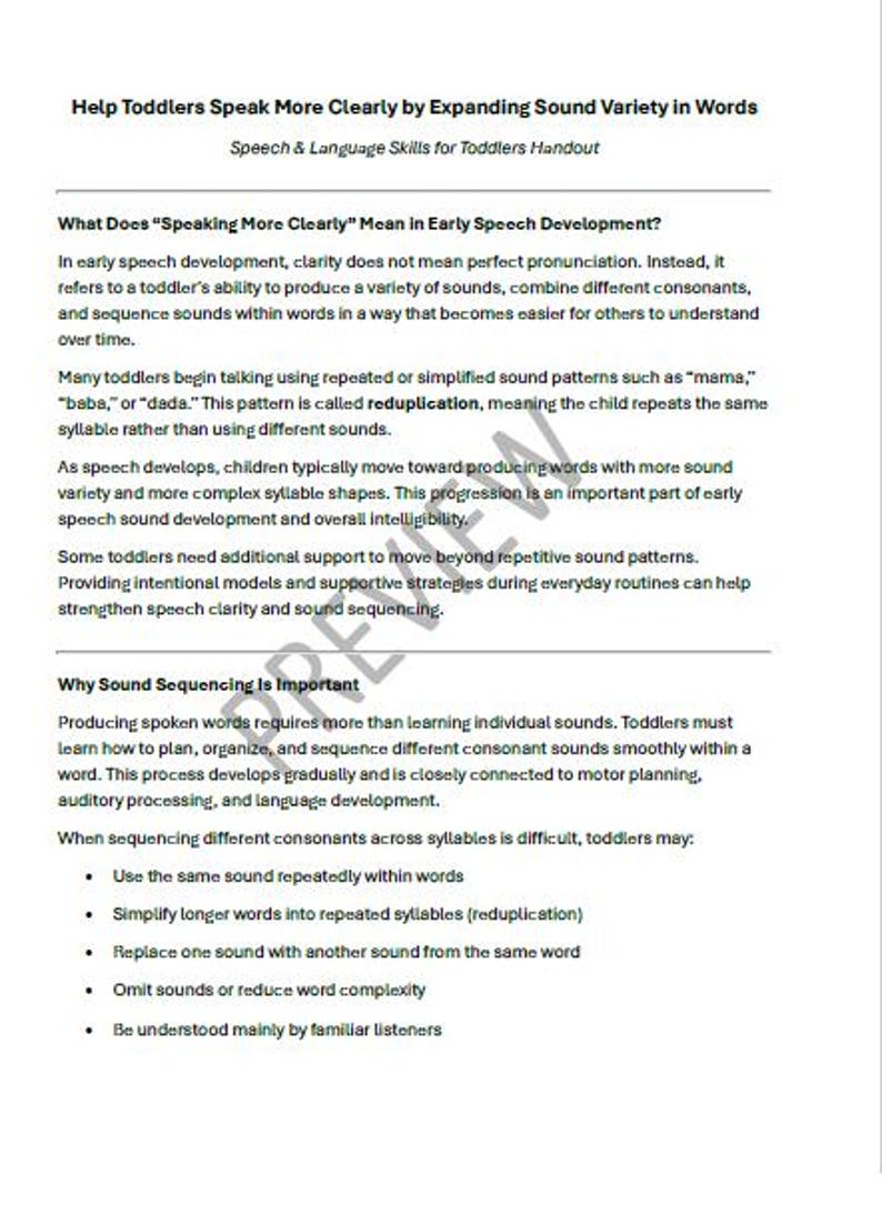 Toddler Speech Therapy Handout | Sound Sequencing & Sound Development ...