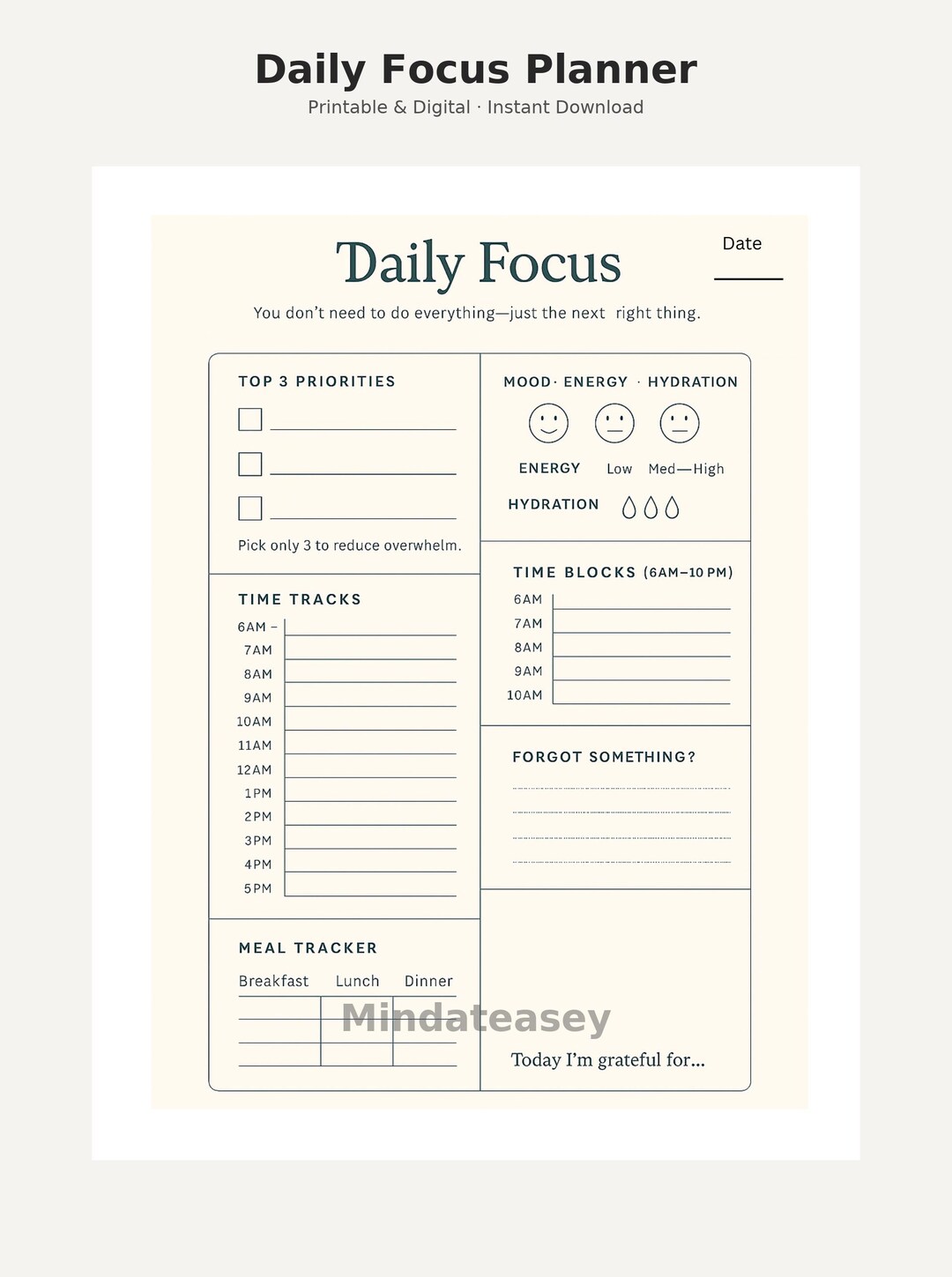 Daily Focus Planner Printable | Minimalist Daily Schedule, Time ...