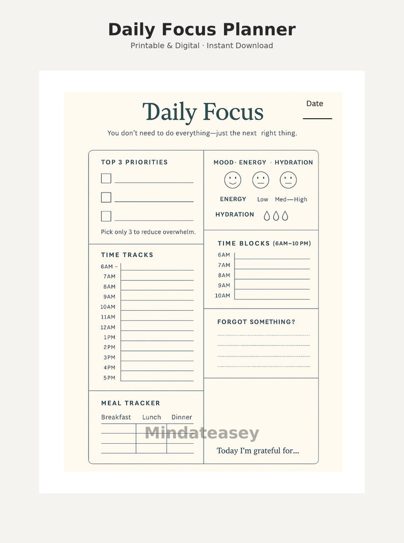 Daily Focus Planner Printable | Minimalist Daily Schedule, Time ...
