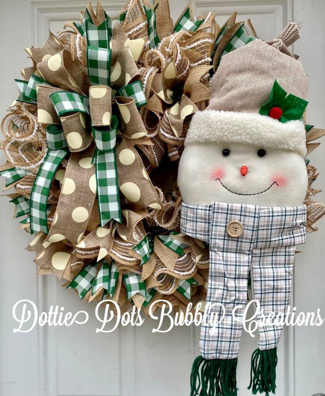 Natural Jute Mesh Plush Plaid Snowman Wreath, Snowman Wreath, Winter ...